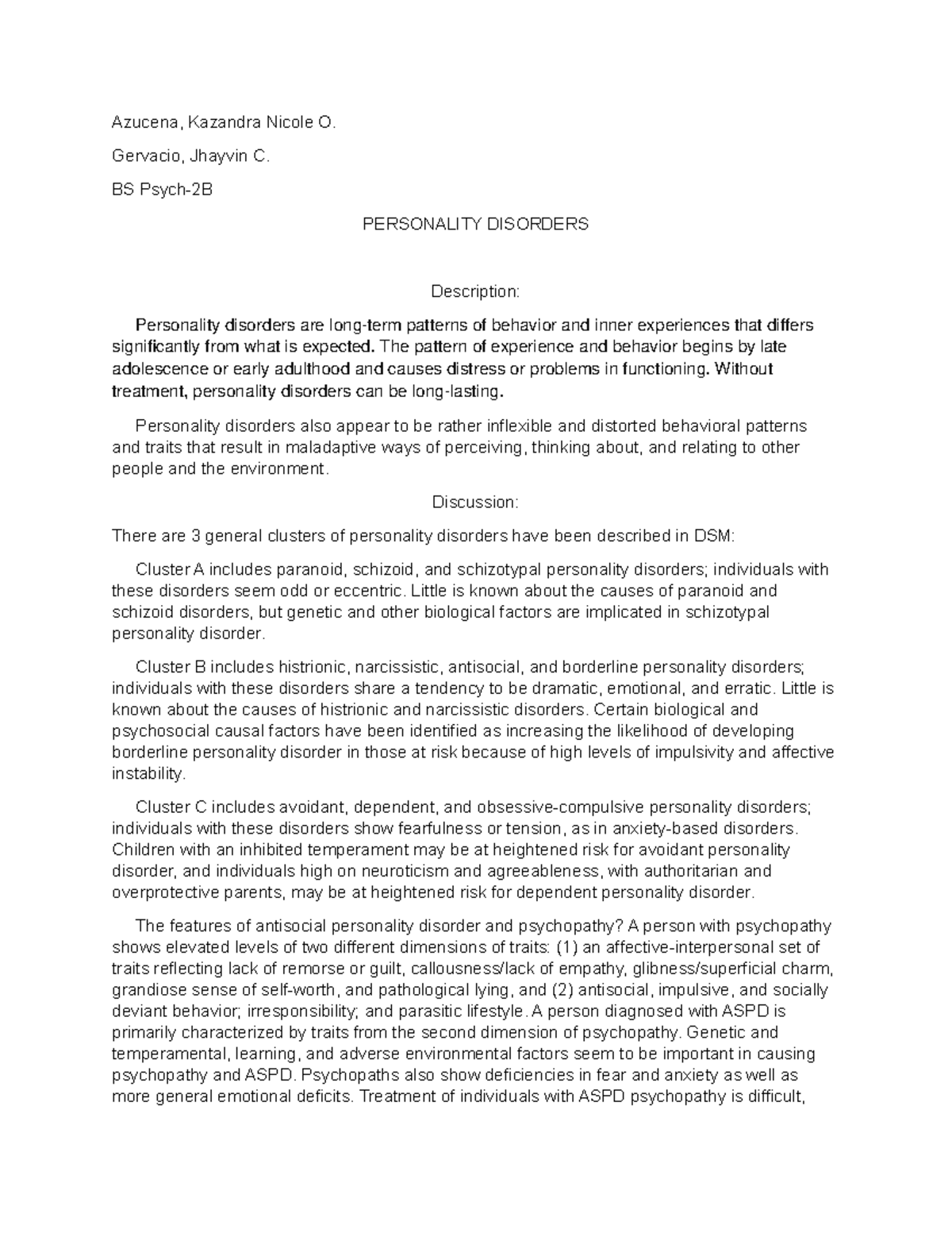 Personality Disorder - BS Psychology - Studocu