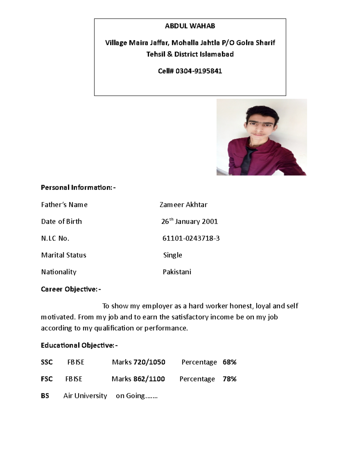 Abdul wahab CV - Personal Information:- Father’s Name Zameer Akhtar ...