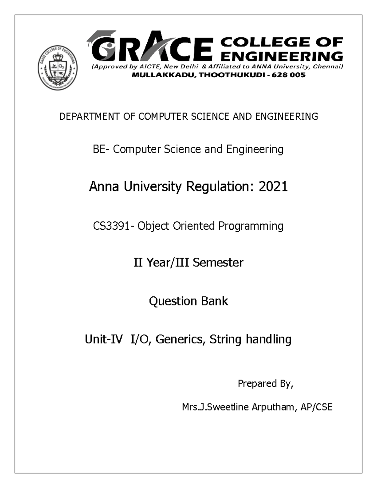III CSE CS3391 OOP QB Unit 4 - DEPARTMENT OF COMPUTER SCIENCE AND ENGINEERING BE- Computer ...