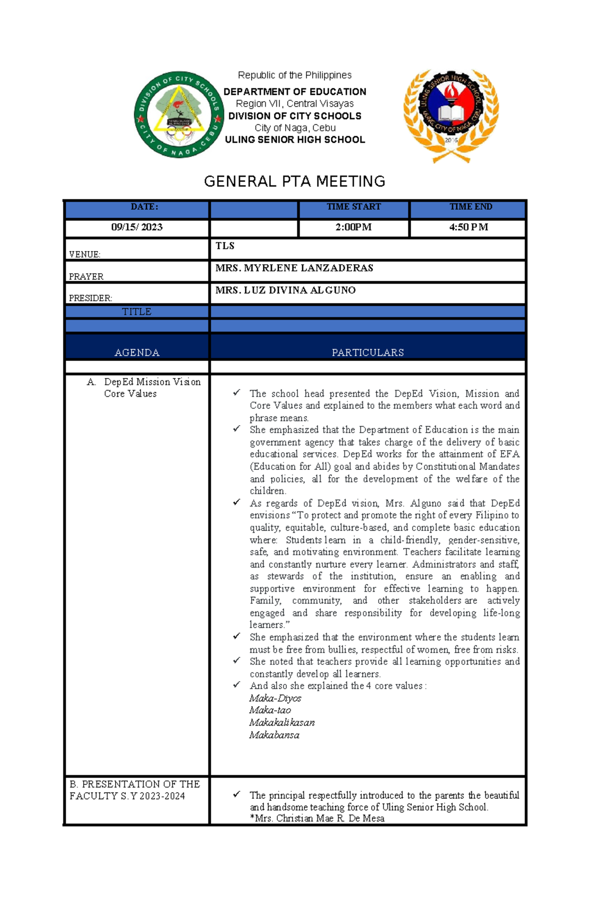 General PTA Meeting - Republic of the Philippines DEPARTMENT OF ...