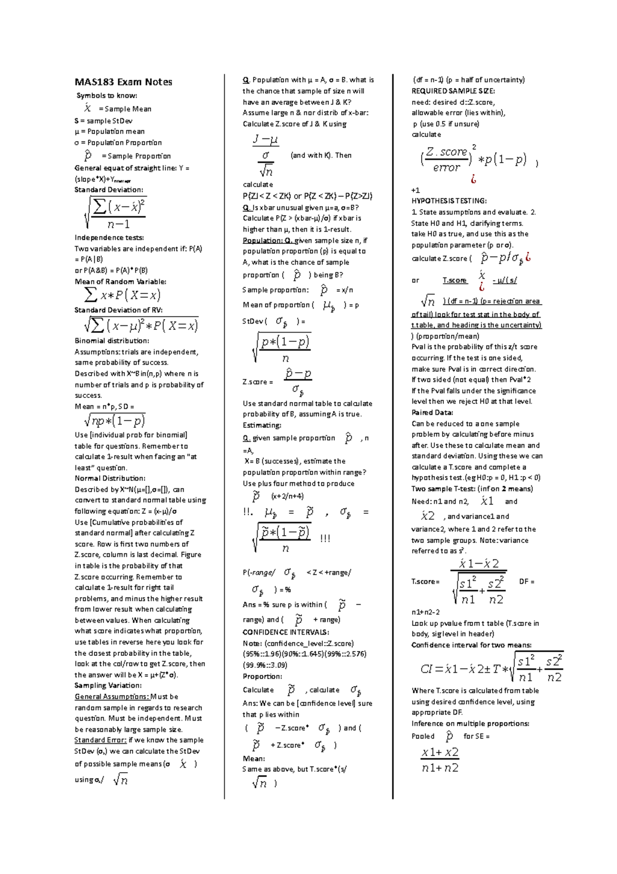 MAS183 Cheat Sheet (22 Oct 2018 ) - MAS183 Exam Notes Symbols to know ...