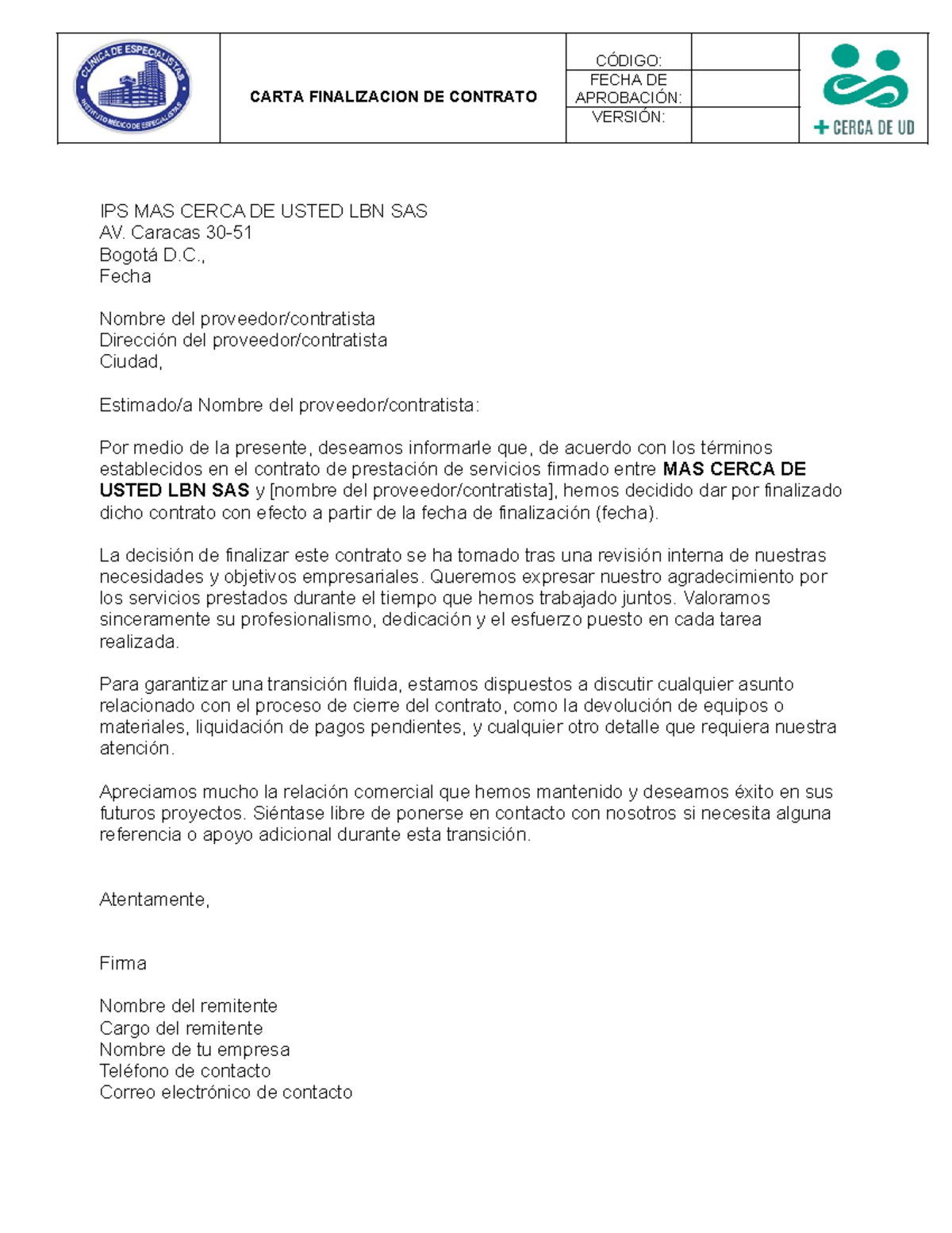 Carta Finalizacion DE Contrato - CARTA FINALIZACION DE CONTRATO CÓDIGO ...