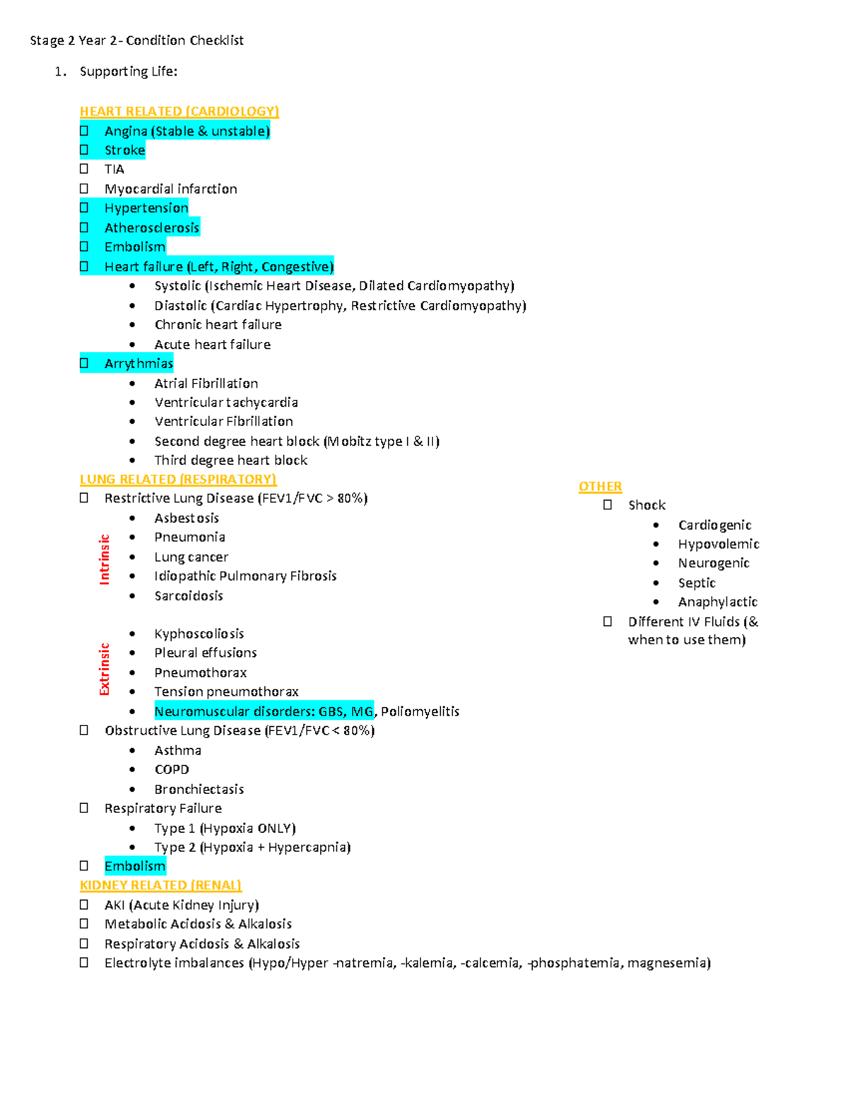 Condition List Stage 2 - Stage 2 Year 2 1. Supporting Life- Condition ...
