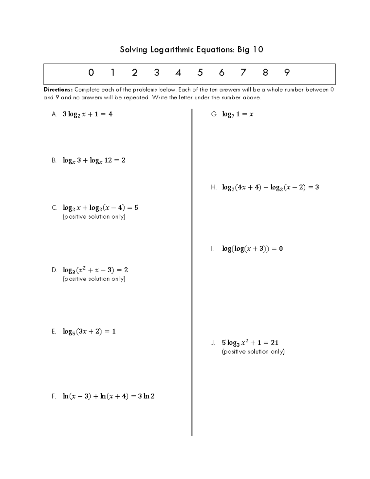 2 - ,jb, nv - Solving Logarithmic Equations: Big 10 Directions ...