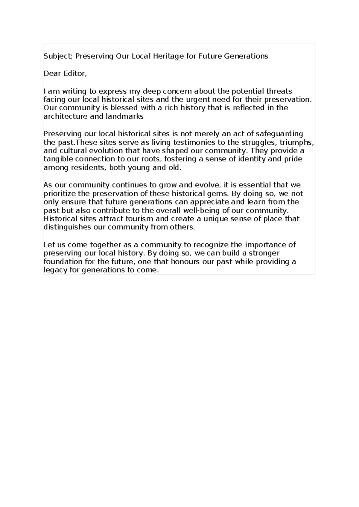 English letter - Subject: Preserving Our Local Heritage for Future ...