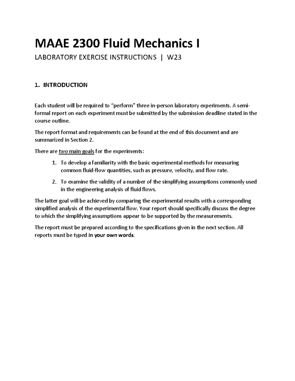 Lab Report Instructions, W23 - MAAE 2300 Fluid Mechanics I LABORATORY ...