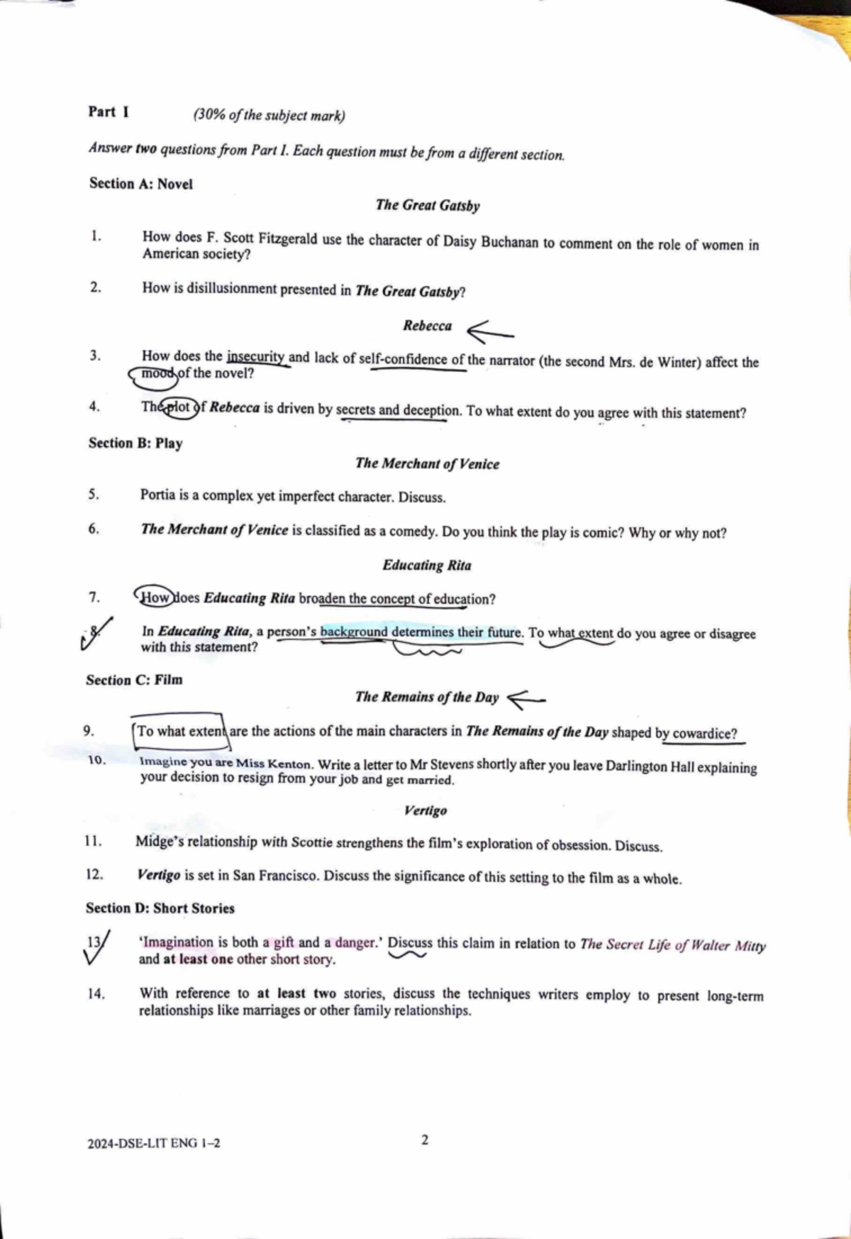 2024 dse english literature paper - Part I (30% of the subject mark ...