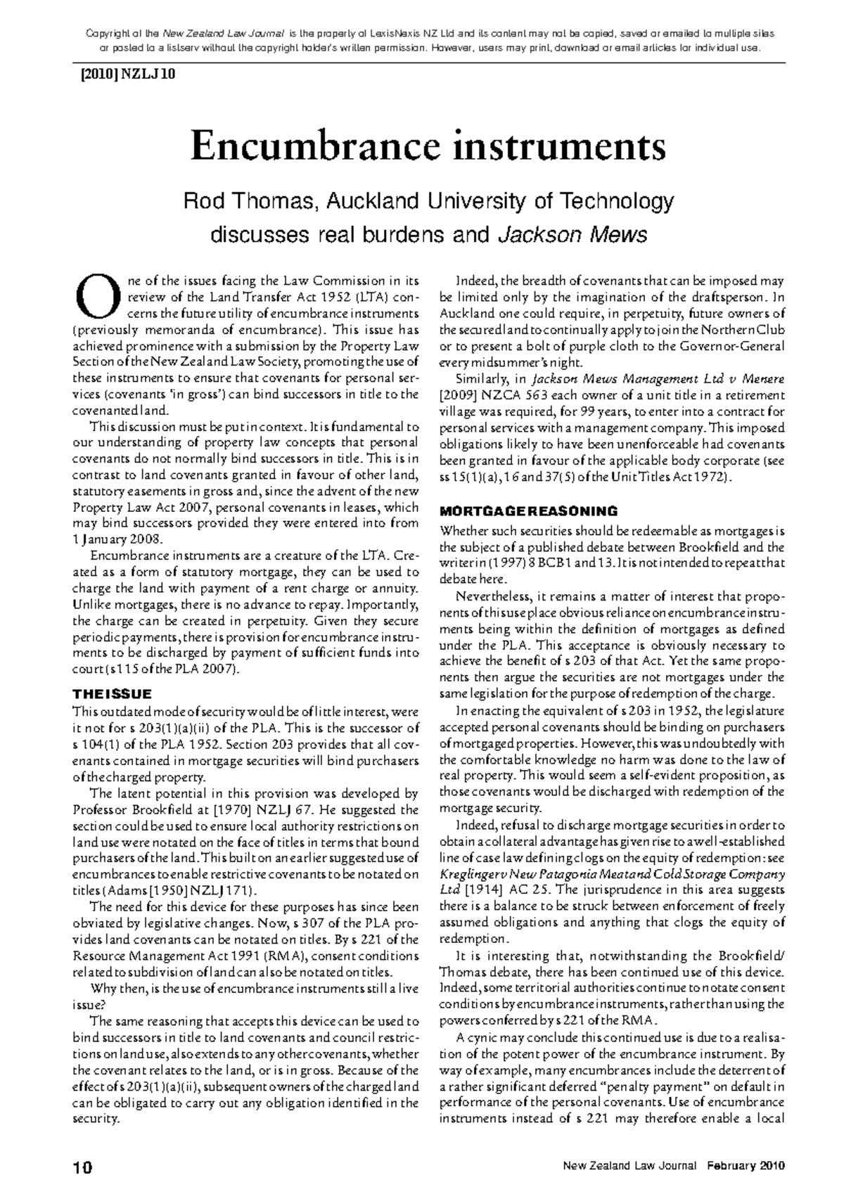 Encumbrance instruments — [2010 ] NZLJ 10 - Encumbrance instruments Rod ...