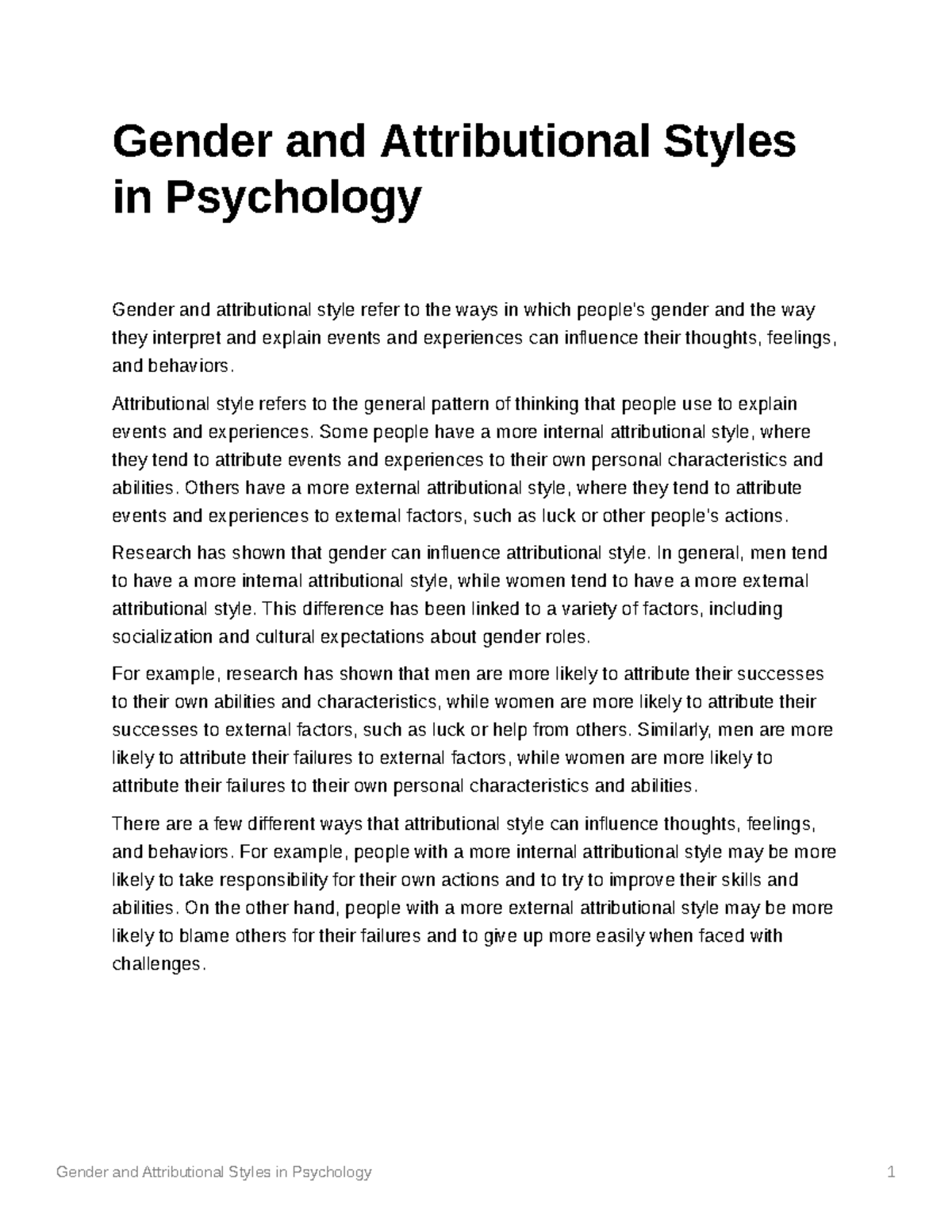Gender and Attributional Styles in Psychology - Attributional style ...