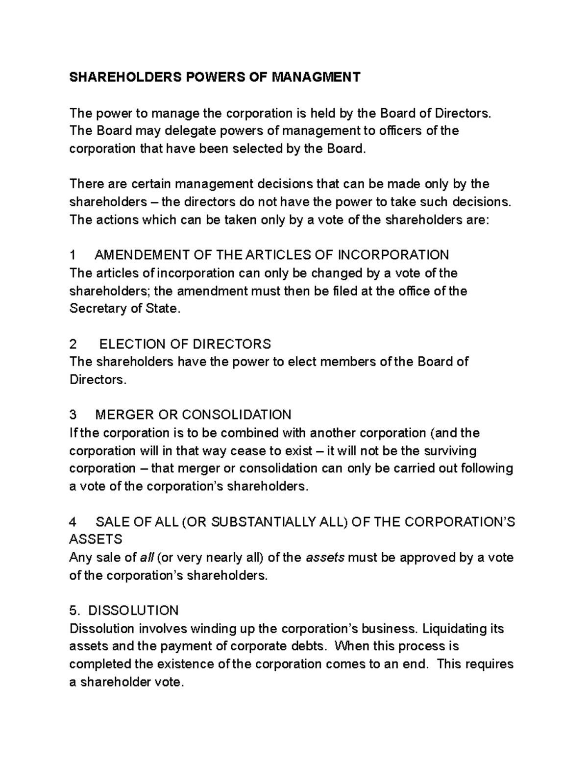 Corporations - shareholders management powers - SHAREHOLDERS POWERS OF ...