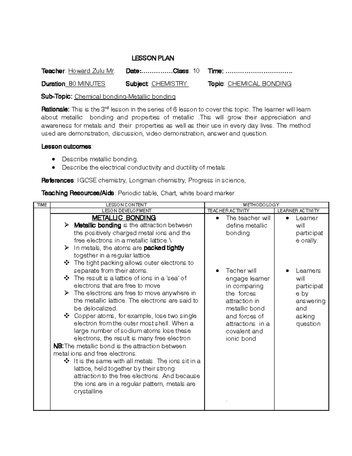 Lesson PLAN-Metallic bonding - LESSON PLAN Teacher: Howard Zulu Mr ...