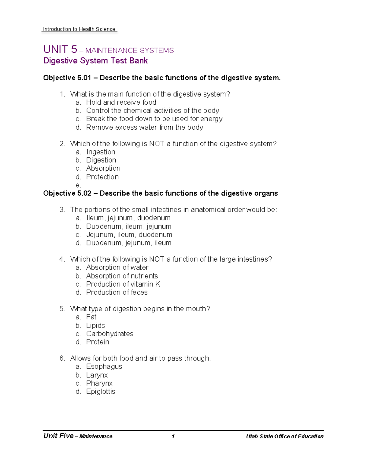 Digestive systemtest - Lecture notes Unit-1 - UNIT 5 – MAINTENANCE ...