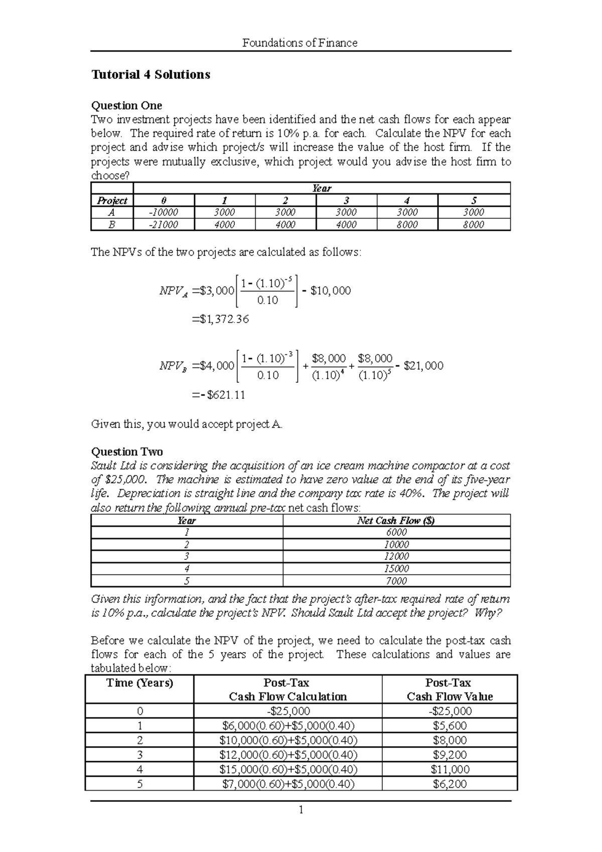 Tutorial 4 Solutions - Foundations of Finance Tutorial 4 Solutions ...