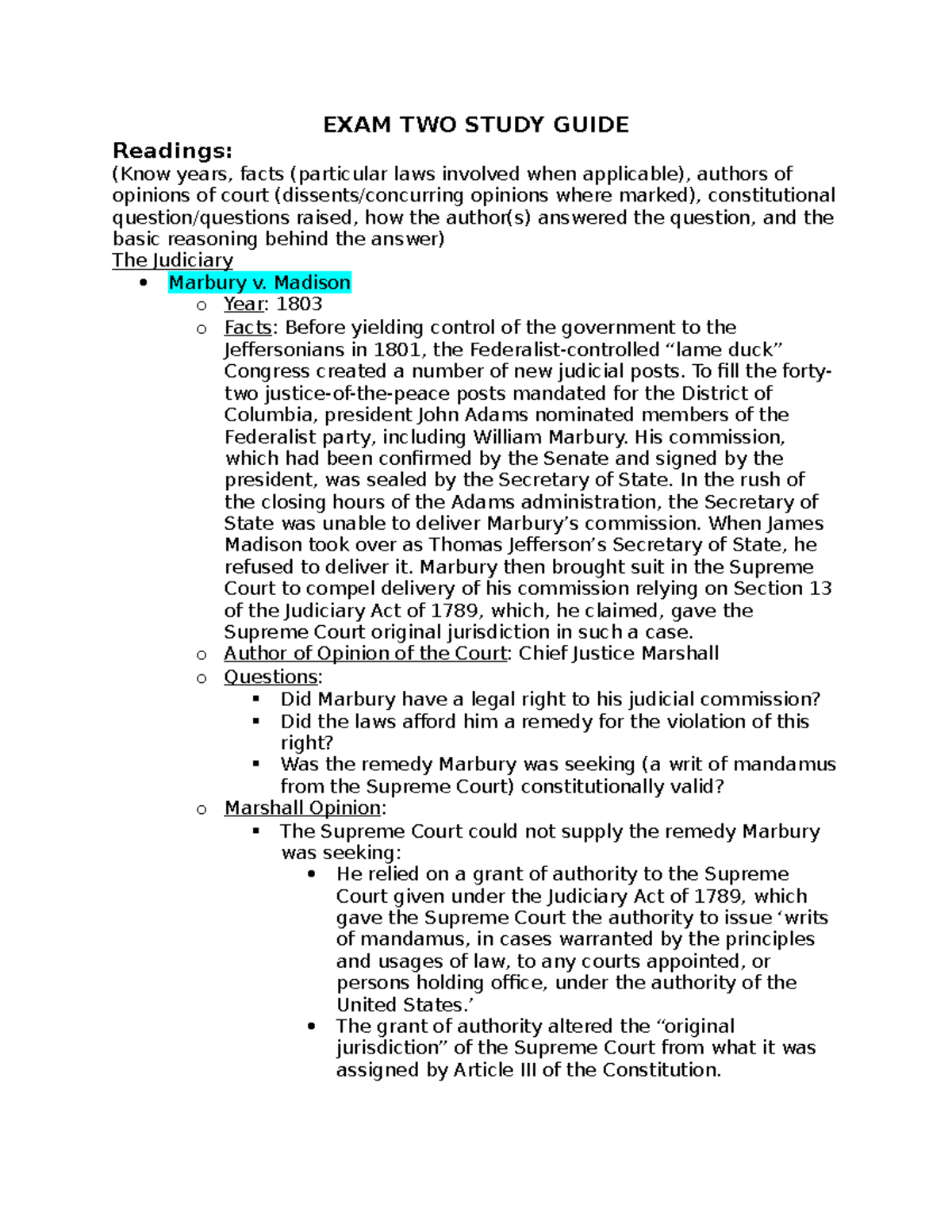 Exam 2 Study Guide - EXAM TWO STUDY GUIDE Readings: (Know years, facts ...