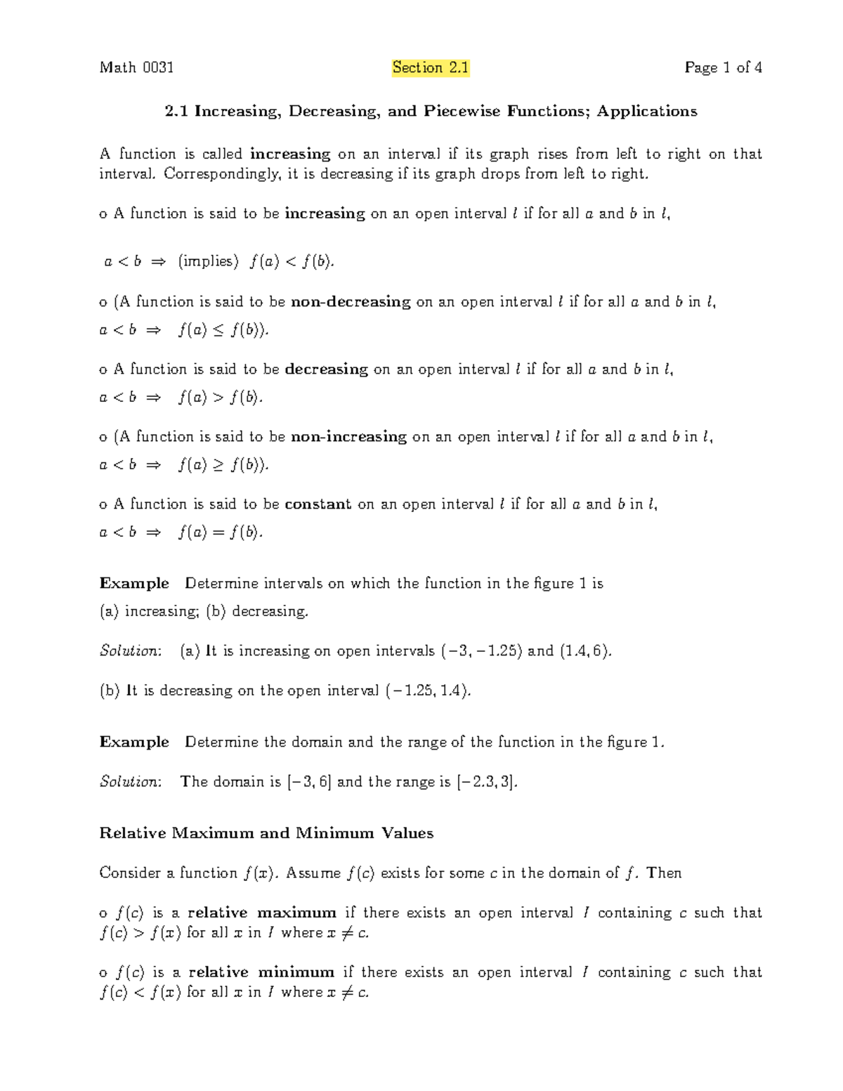 2 1 Increasing Decreasing And Piecewise Functions Applications Notes