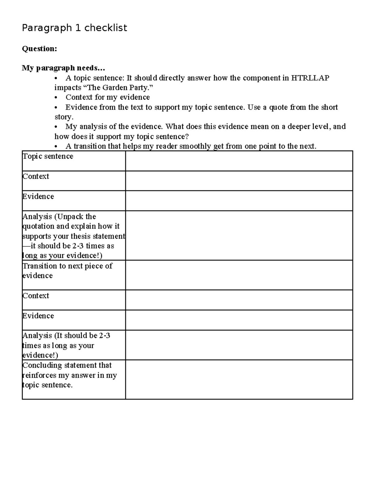 In Class Write Graphic Organizer - Paragraph 1 checklist Question: My ...