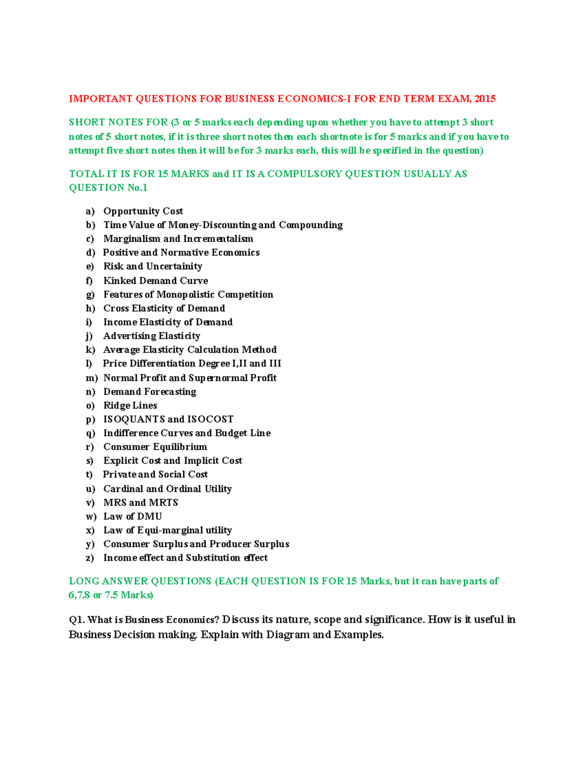 Important Questions FOR Business Economics - IMPORTANT QUESTIONS FOR ...