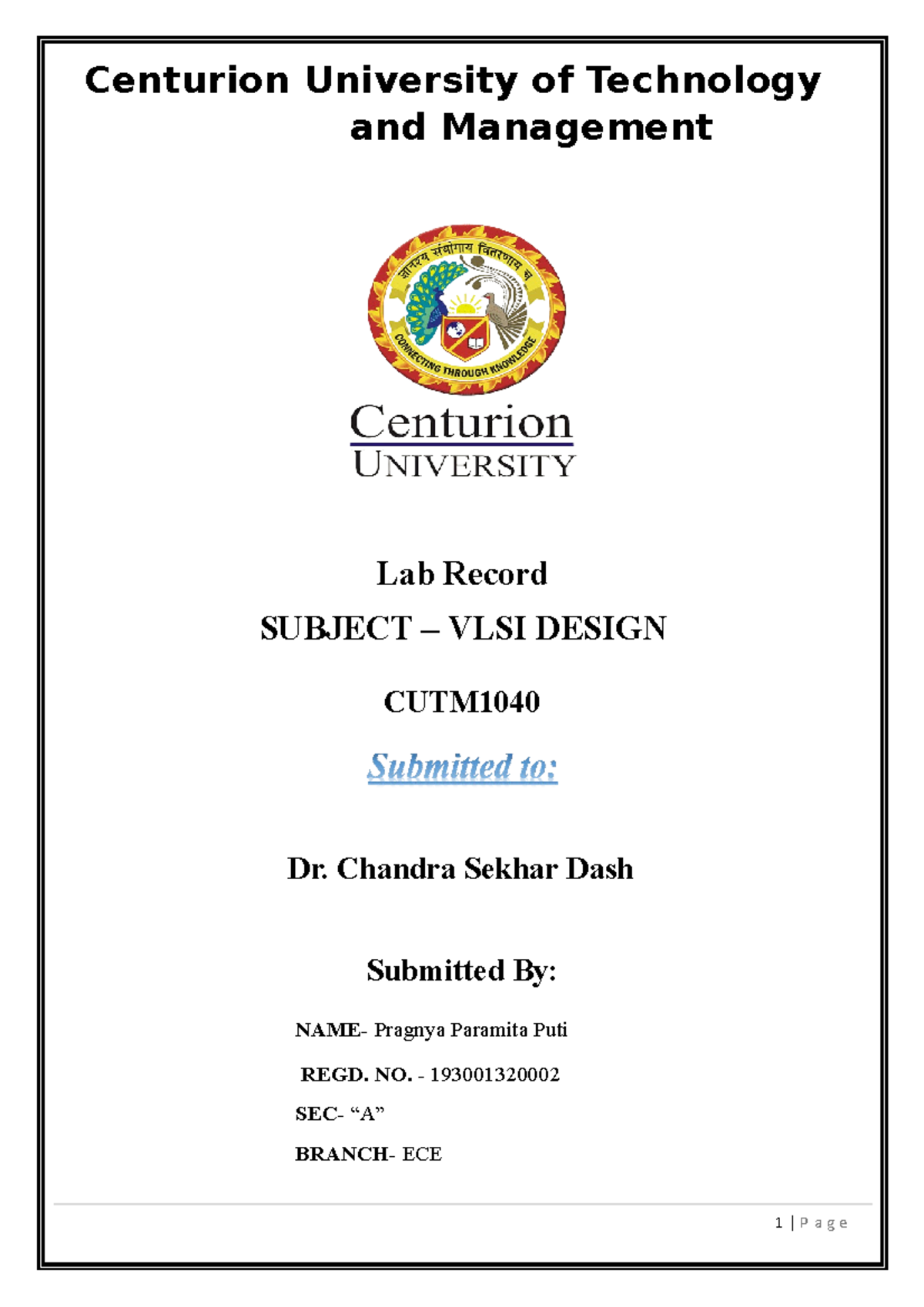 VLSI Lab Record abcdpdf pdf to word - 1 | P a g e Centurion University of Technology and ...