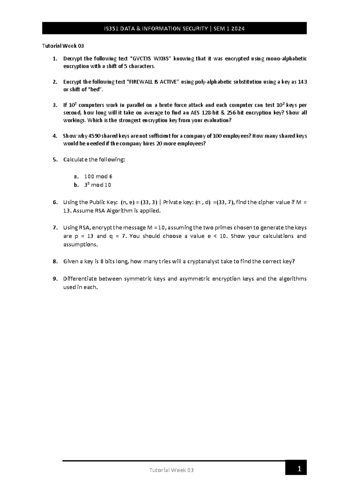 Tutorial Lab Week 03 - Not able to answer - IS351 DATA & INFORMATION SECURITY | SEM 1 2024 - Studocu