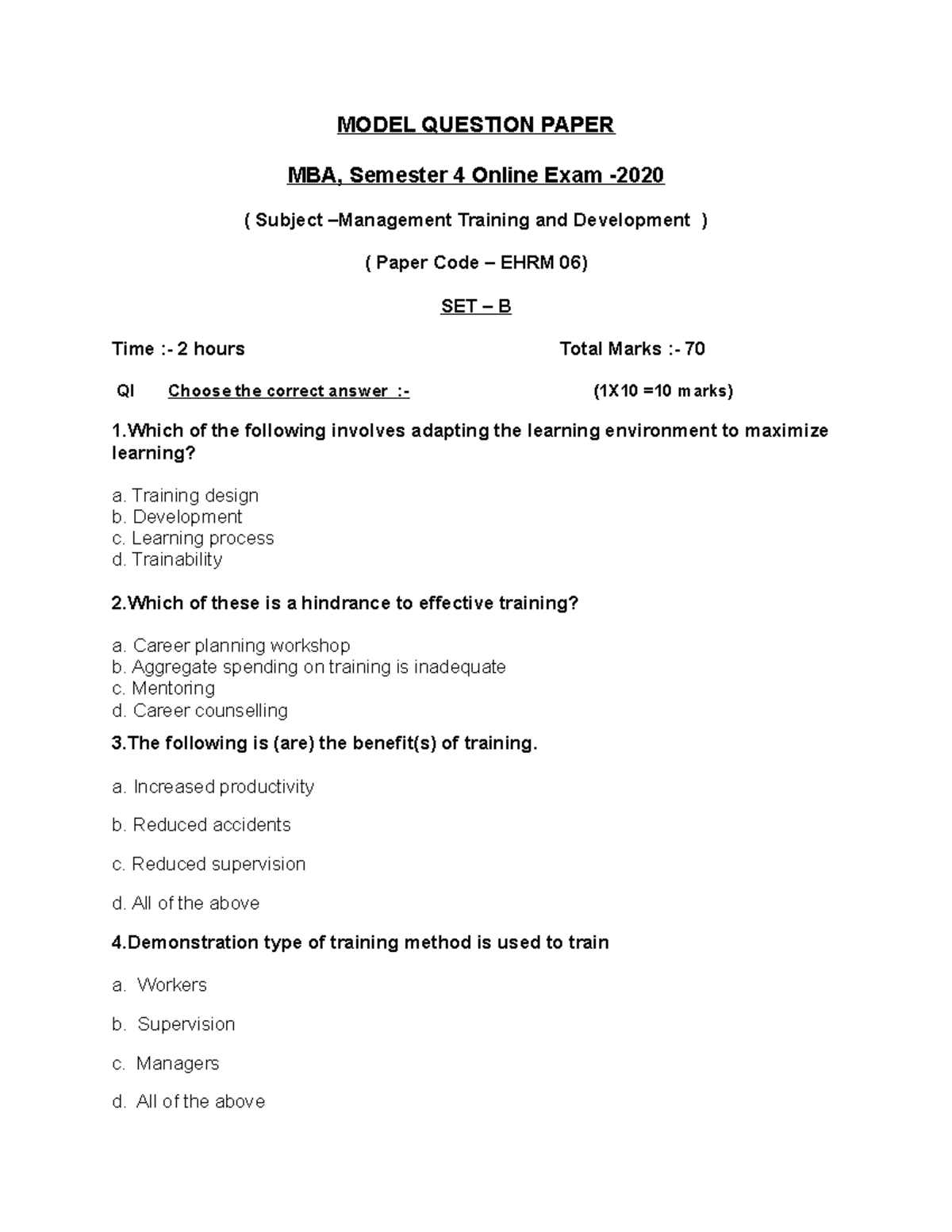 MBA Sem 4 EHRM06 Mgt. Training n Development Set 2 - MODEL QUESTION ...