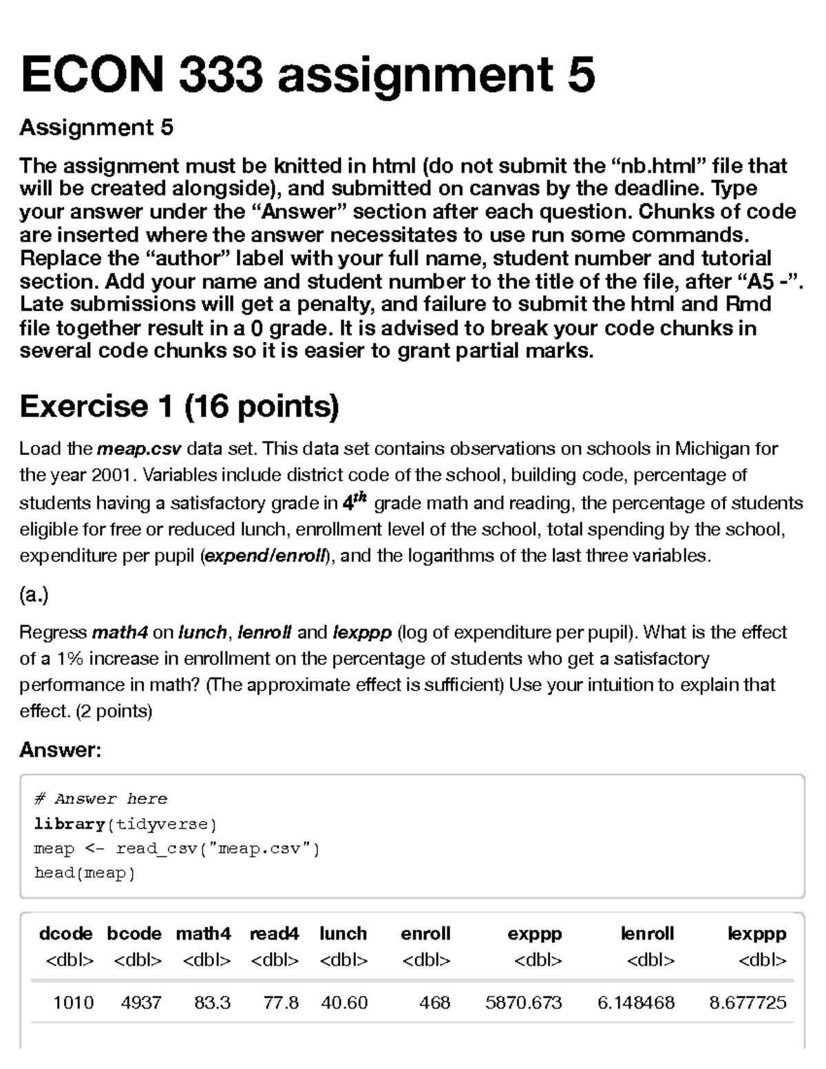 ECON 333 assignment 5 - ECON 333 assignment 5 Assignment 5 The ...