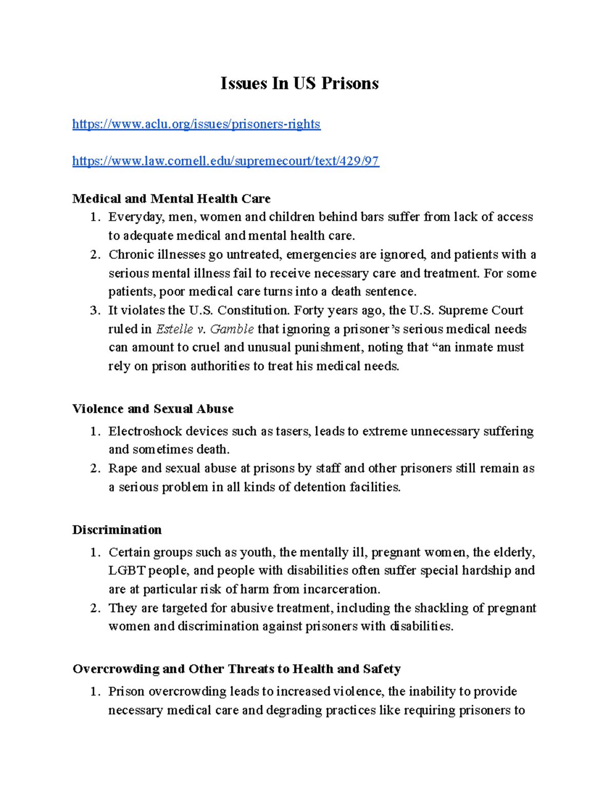 Issues in US prisons - Issues In US Prisons aclu/issues/prisoners ...