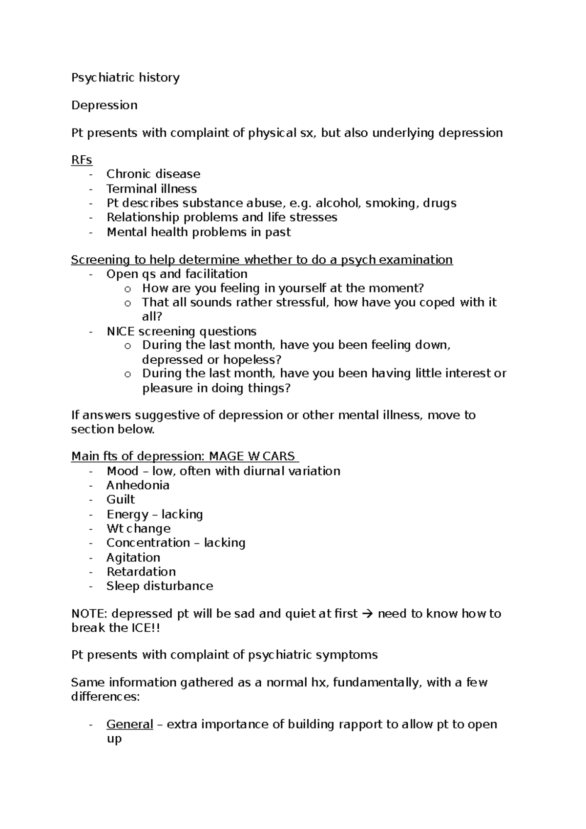 Psychiatric history - Psych hx - Psychiatric history Depression Pt ...