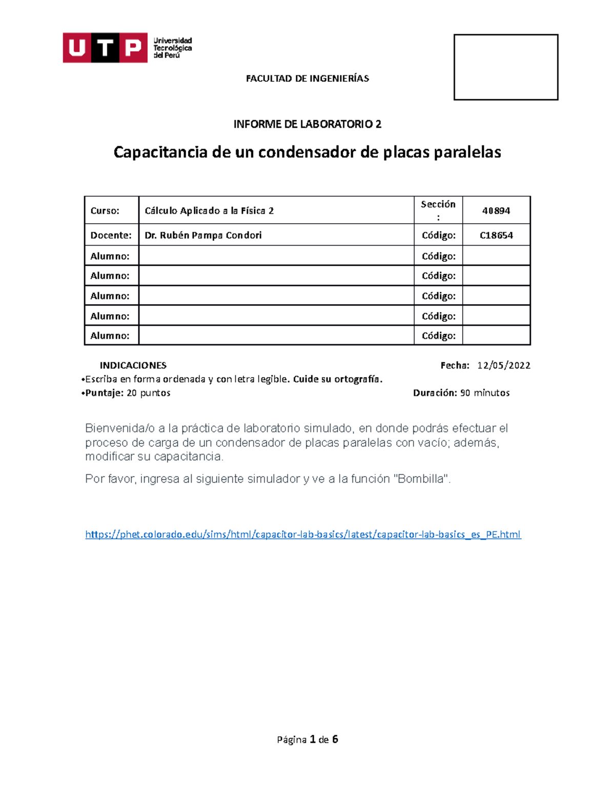 CAF2 - Laboratorio 2 - FACULTAD DE INGENIERÍAS INFORME DE LABORATORIO 2 Capacitancia de un - Studocu