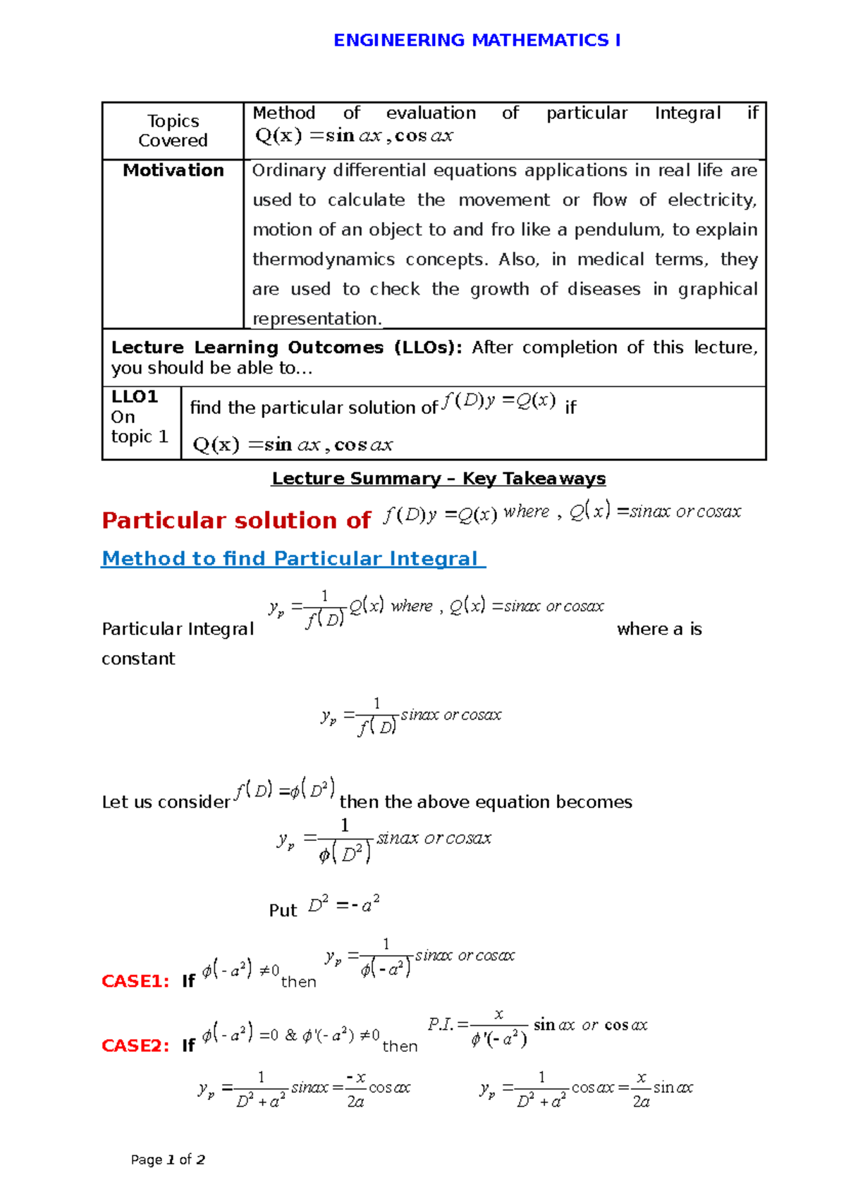 Methods of evaluation of particular Integrals - ENGINEERING MATHEMATICS ...