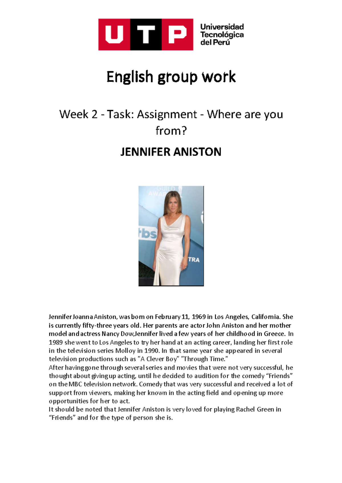 Week 4 - Tarea PA - English group work Week 2 - Task: Assignment - Where are you from? JENNIFER ...