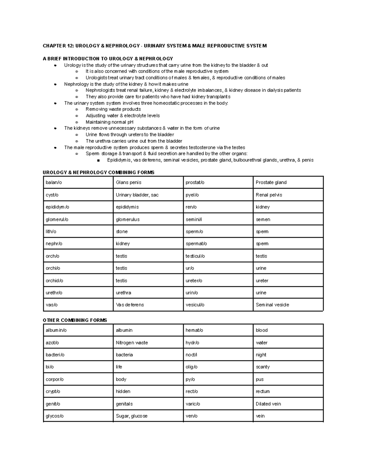 HSA 3534 Chp 12 Notes - CHAPTER 12: UROLOGY & NEPHROLOGY - URINARY ...