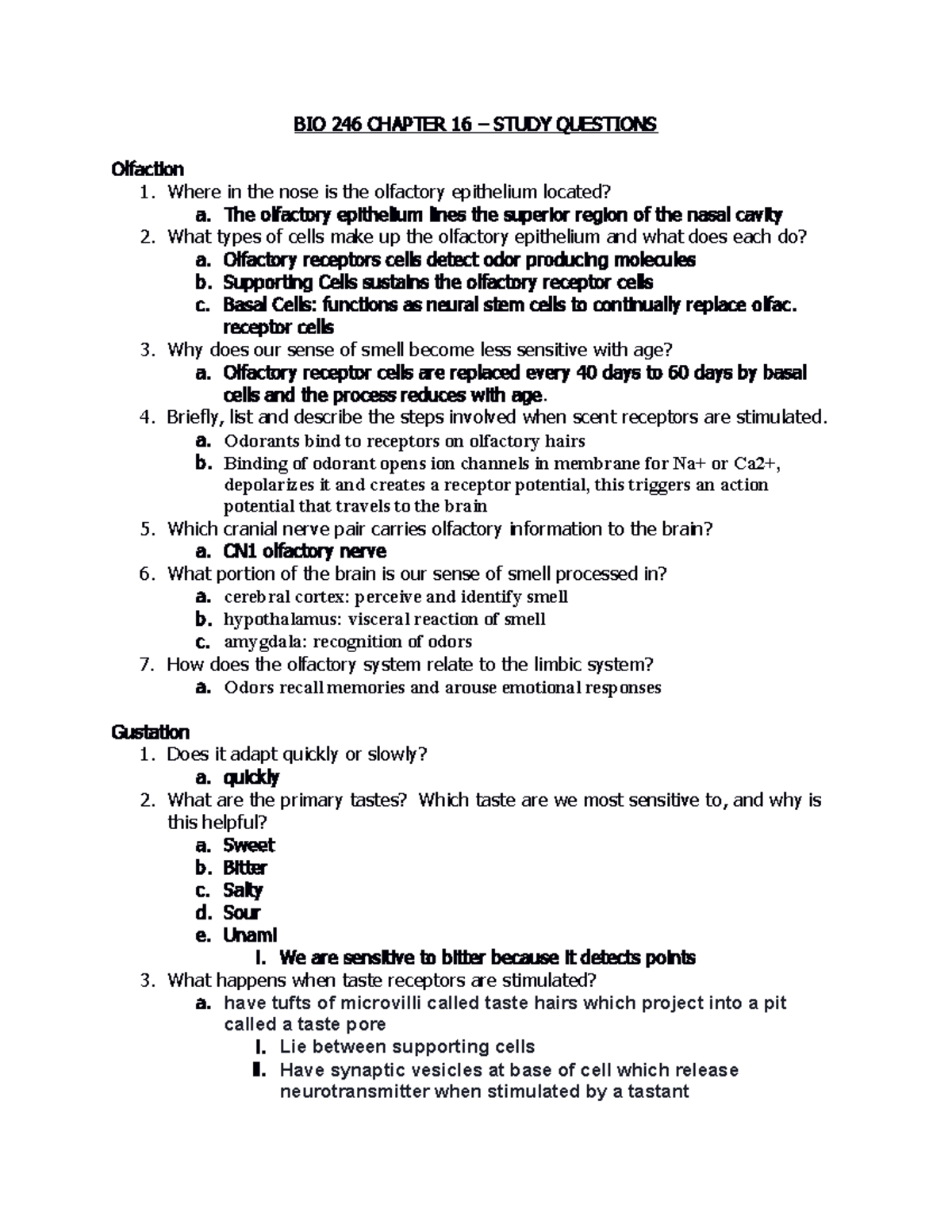 Ch 16 Study Guide - BIO 246 CHAPTER 16 – STUDY QUESTIONS Olfaction 1 ...