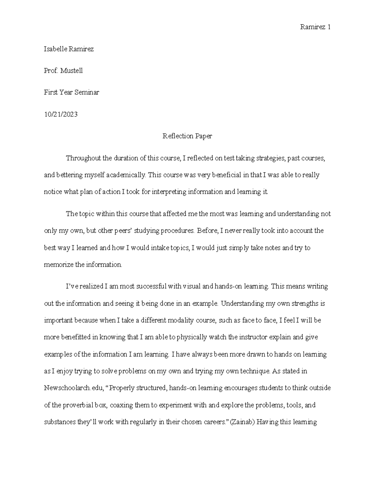 Reflection paper - Isabelle Ramirez Prof. Mustell First Year Seminar 10 ...