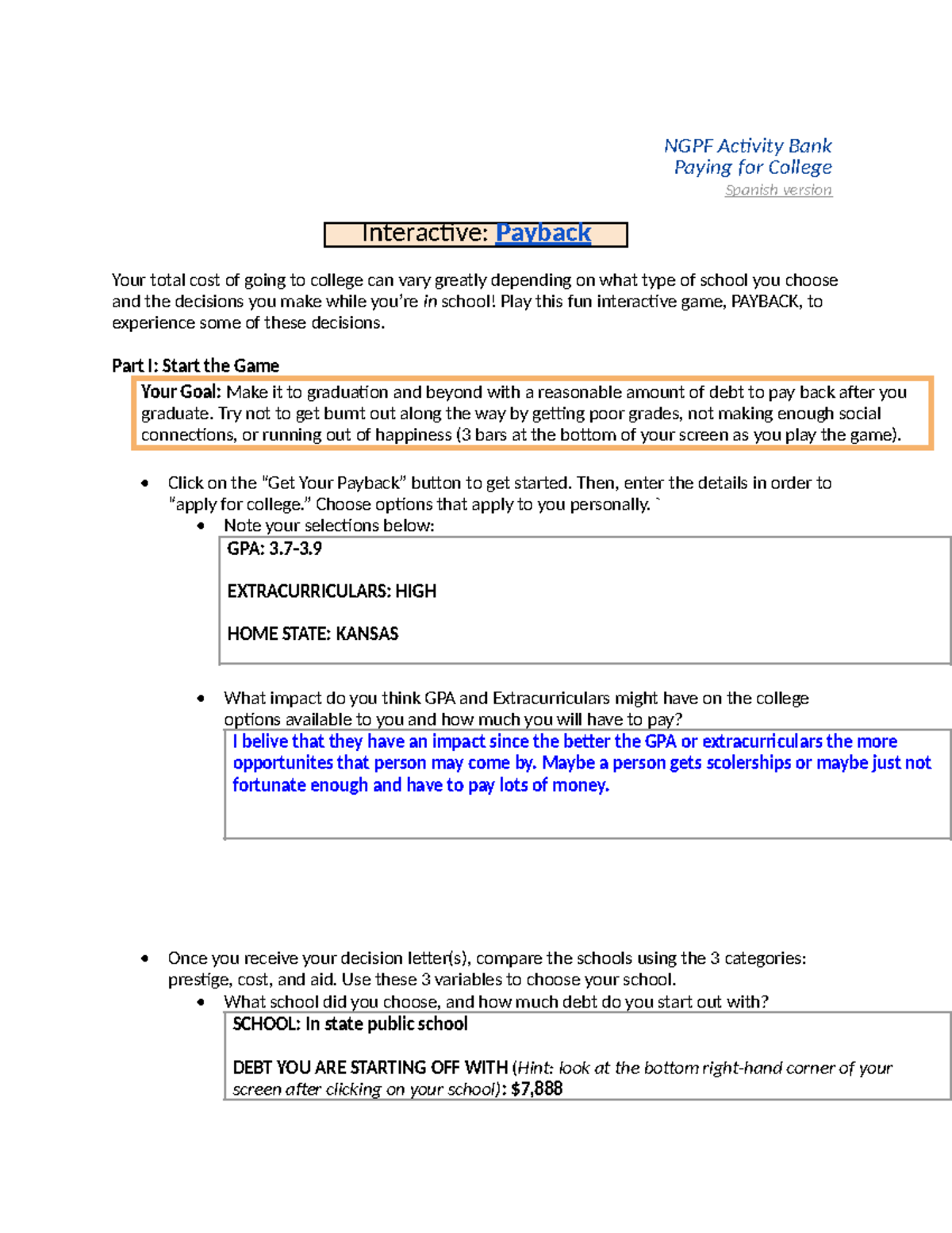 3. Interactive Payback - NGPF Activity Bank Paying for College Spanish version Interactive ...