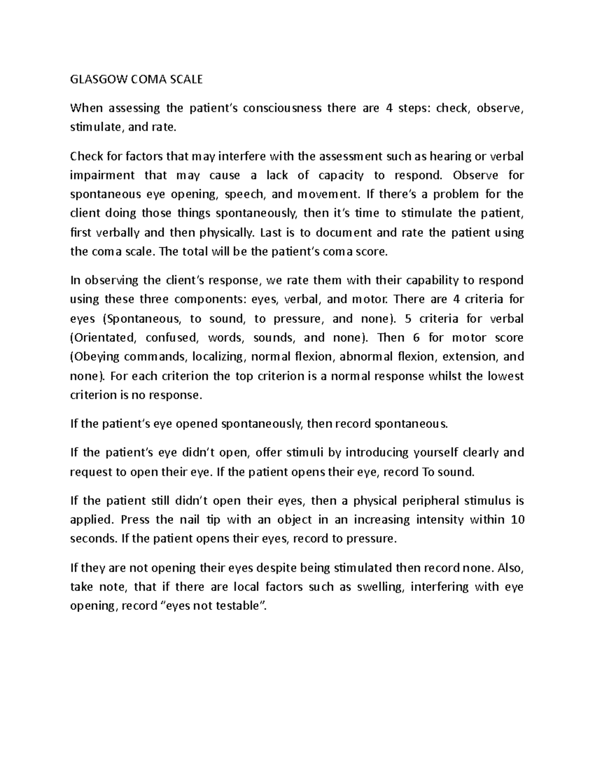 Glasgow COMA Scale - GLASGOW COMA SCALE When assessing the patient’s ...