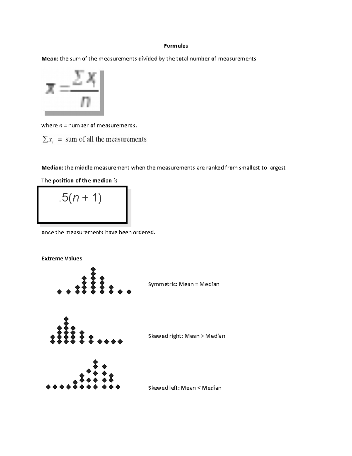 Formulas - formula sheet - Mean: the sum of the measurements divided by ...
