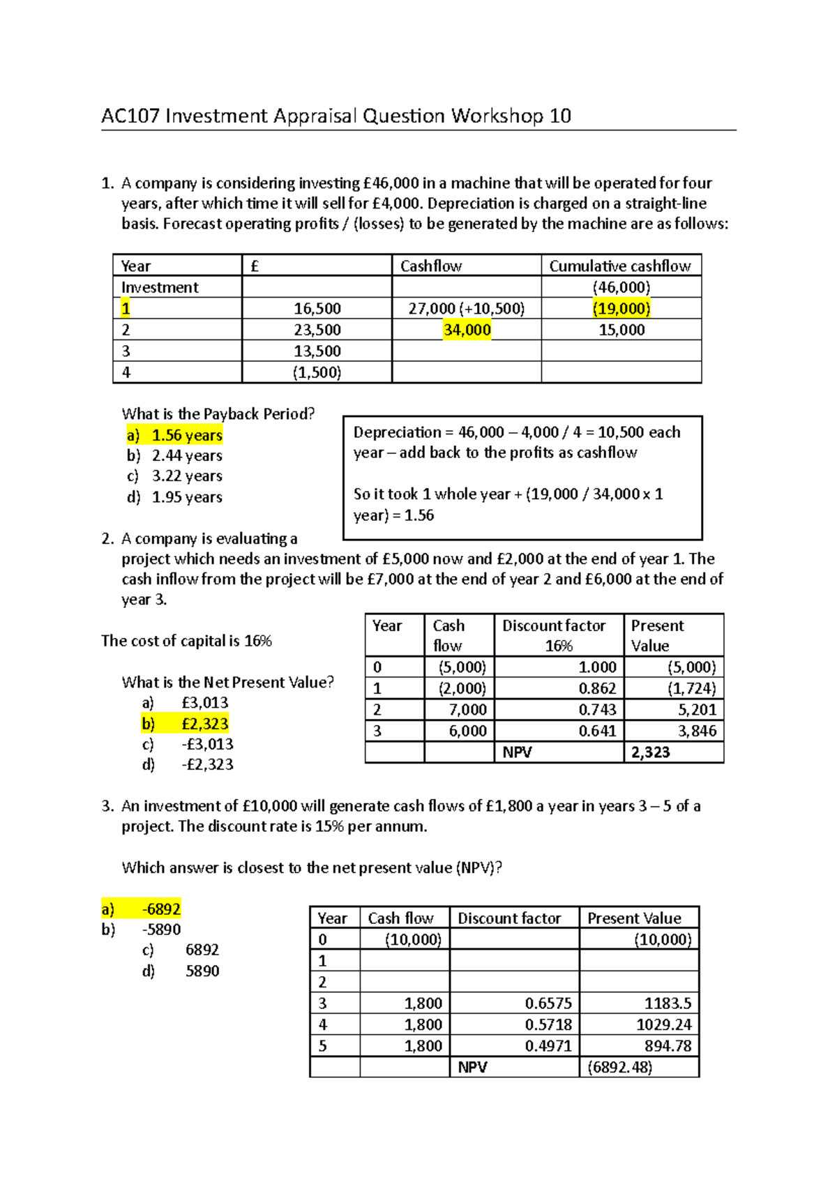 AC107 Workshop 10 Investment Appraisal Questions - AC107 Investment ...