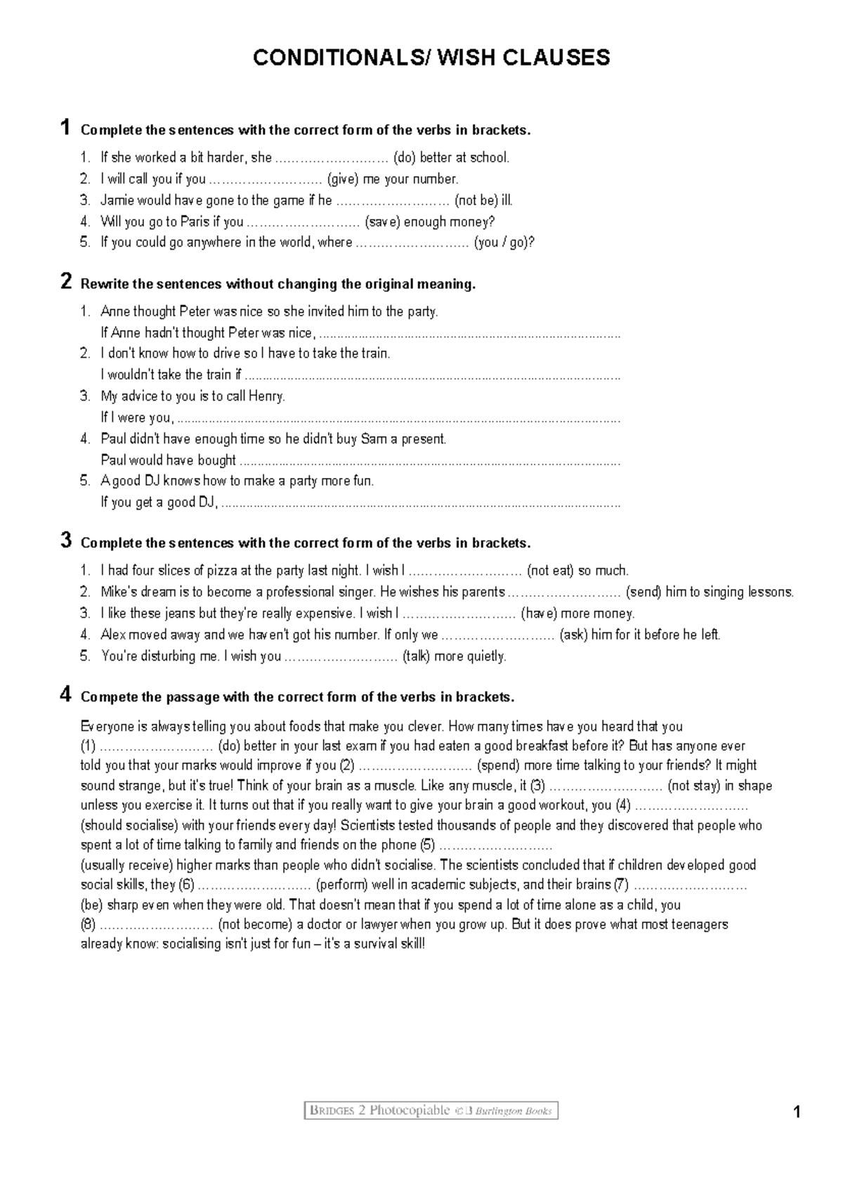 Conditionals and Wish Clauses Exercises - CONDITIONALS/ WISH CLAUSES 1 ...