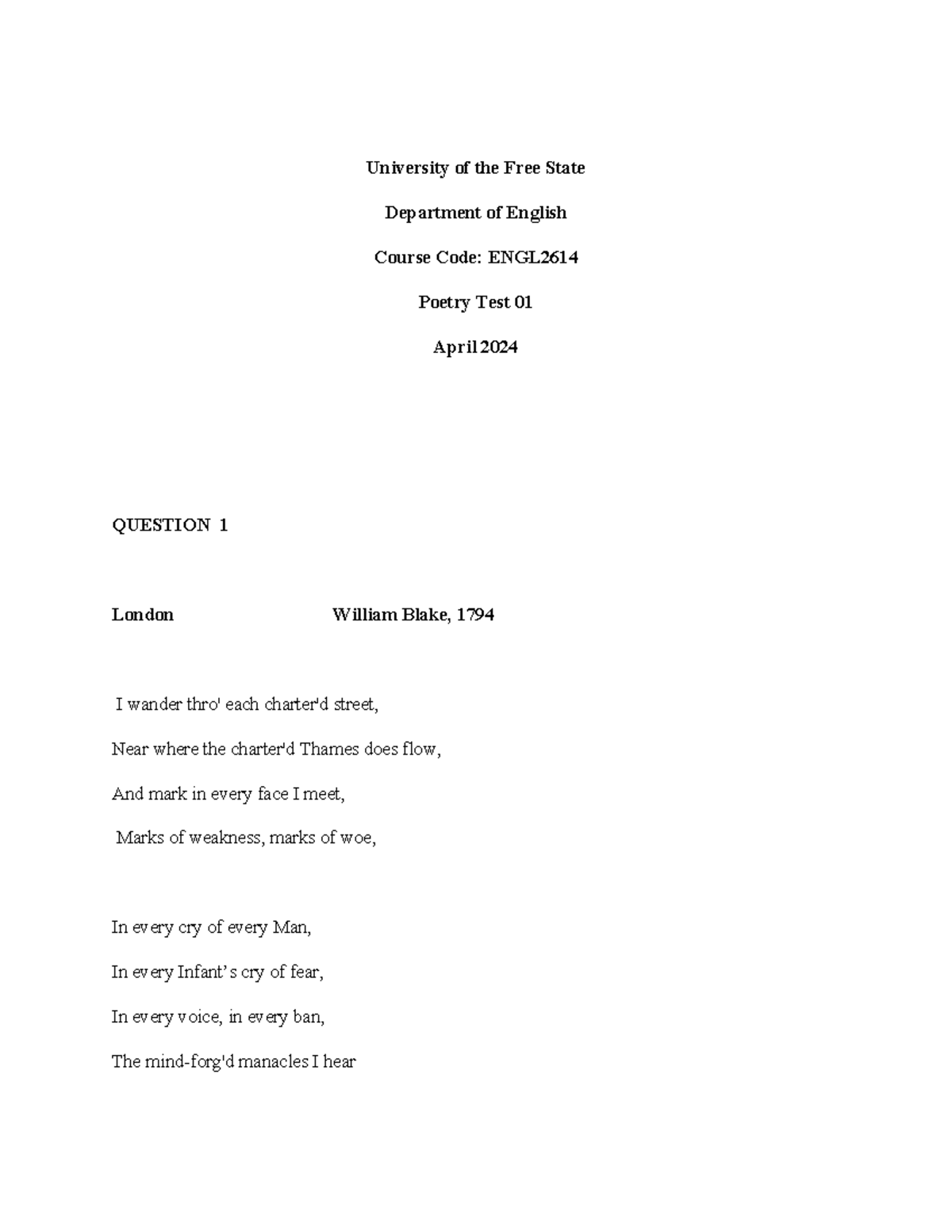 Poetry Test 1 corrected guide - University of the Free State Department ...