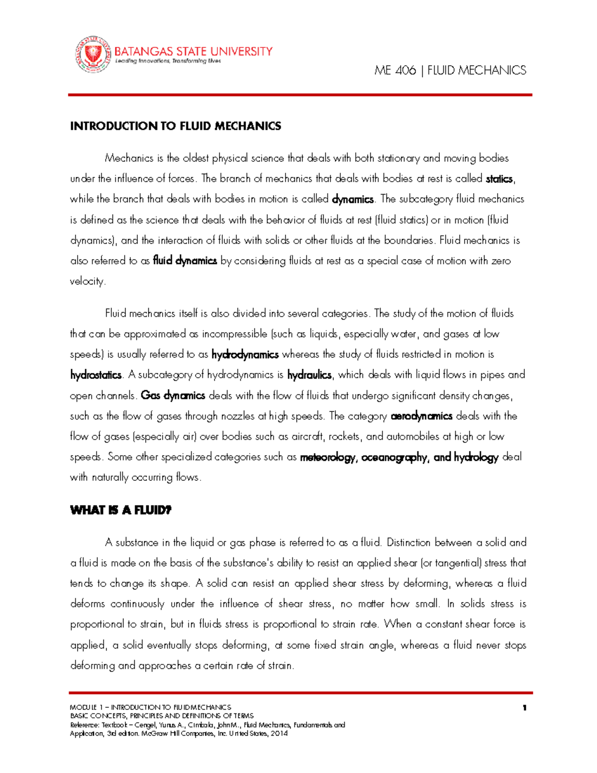 Module 1. Introduction To Fluid Mechanics (Basic Concepts) - MODULE 1 ...