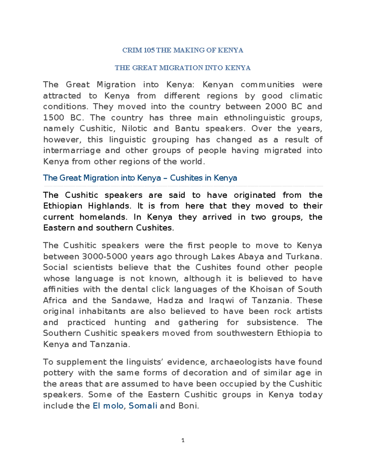 THE Cushite Migration - CRIM 105 THE MAKING OF KENYA THE GREAT ...
