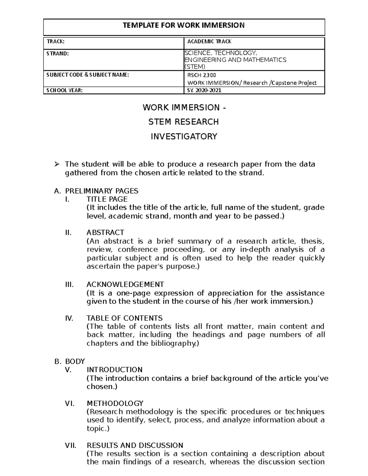 WORK- Immersion- Template STEM - TEMPLATE FOR WORK IMMERSION TRACK ...