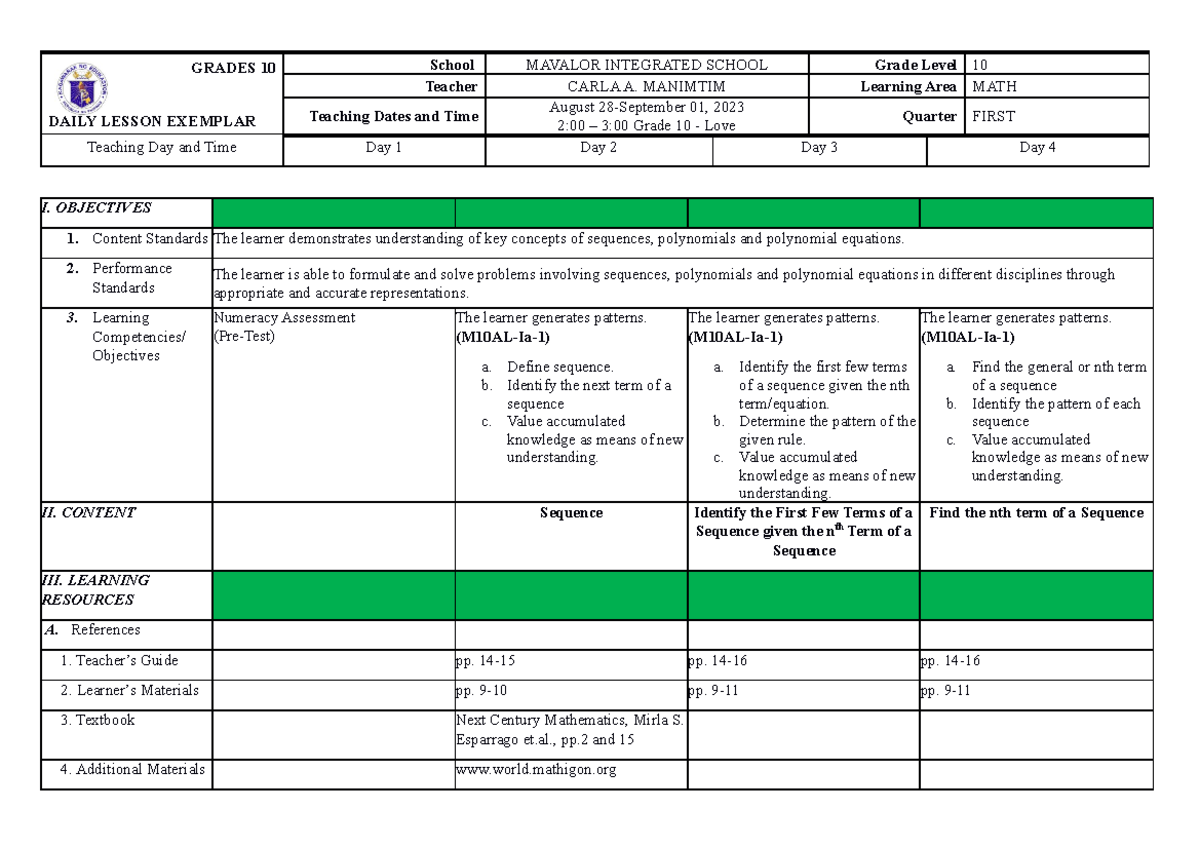 Math-10 Week-1 - lesson plan - GRADES 10 DAILY LESSON EXEMPLAR School ...