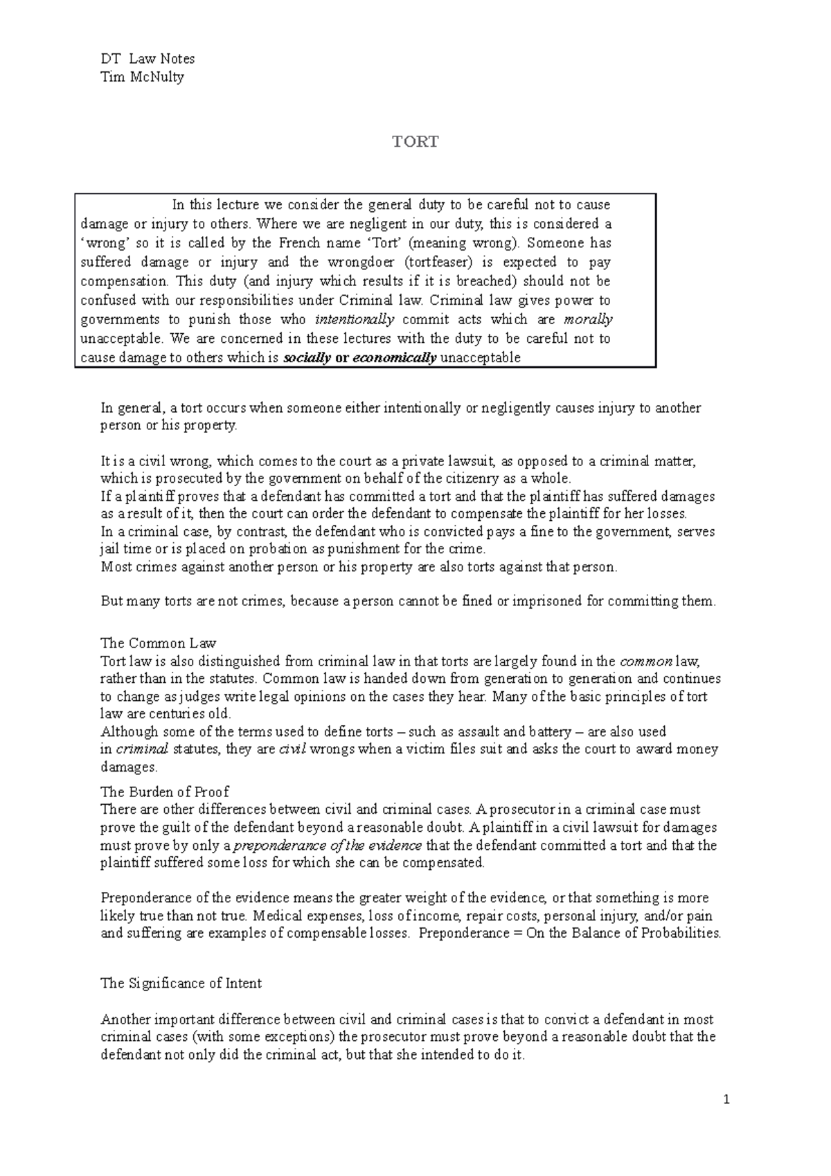 DIT Introduction to Tort - Tim McNulty TORT In this lecture we consider ...