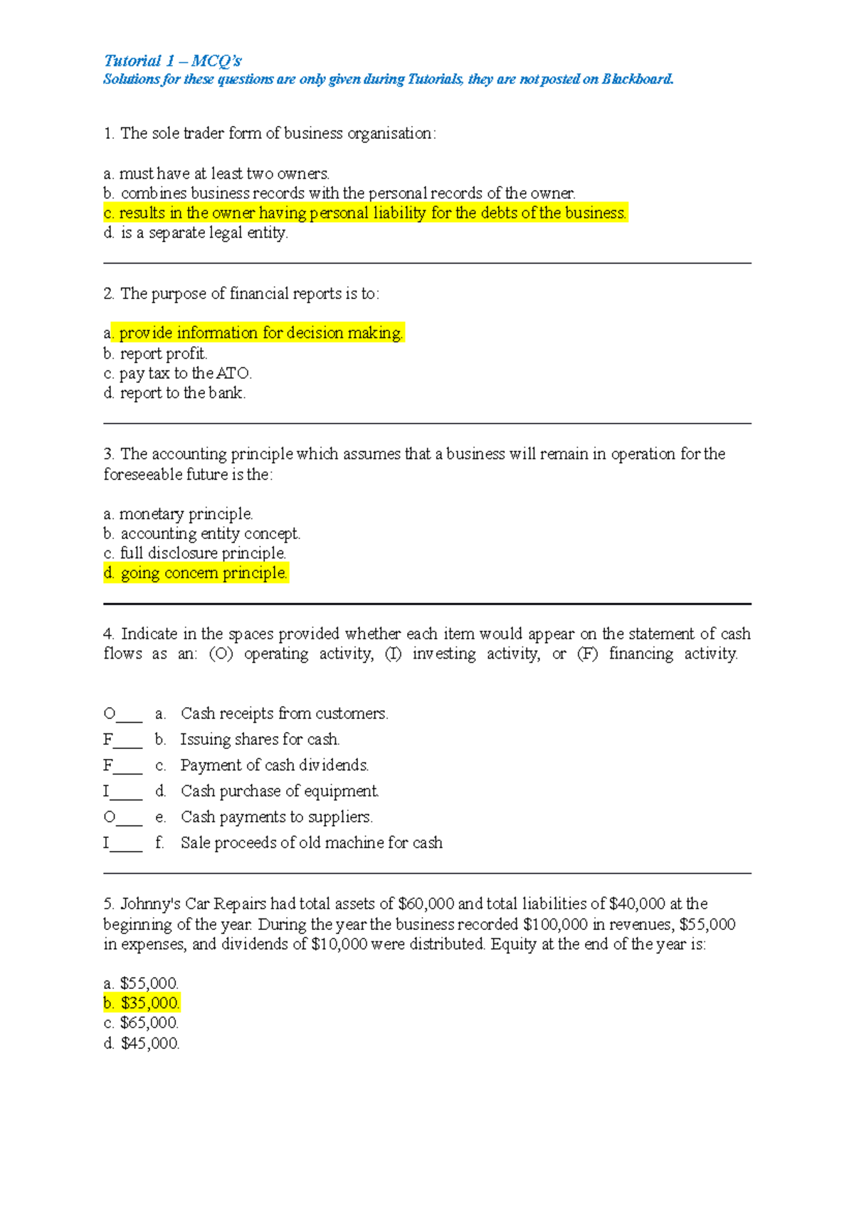 Tute 1 - MCQs - Multiple choice questions - Tutorial 1 – MCQ’s ...
