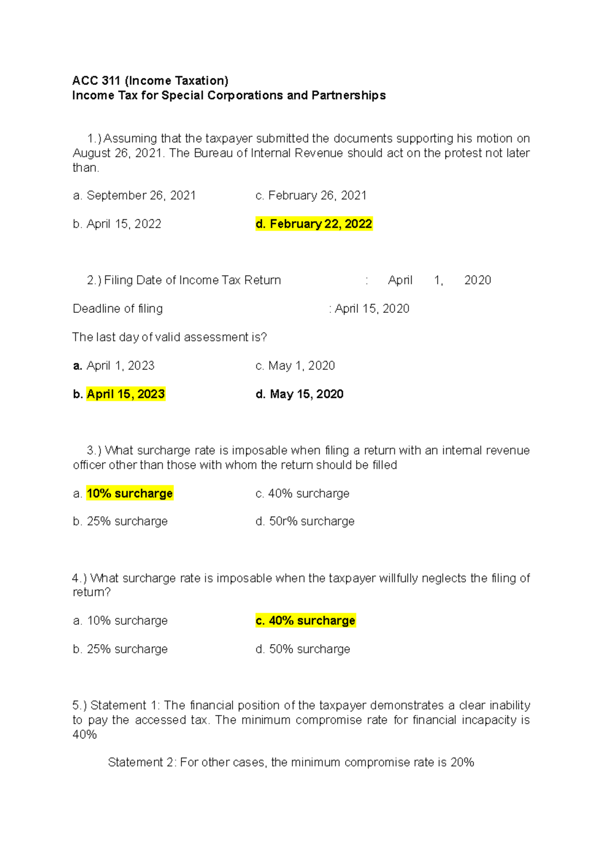 Income Taxation-QUIZ 1-Income Tax for Special Corporations and ...