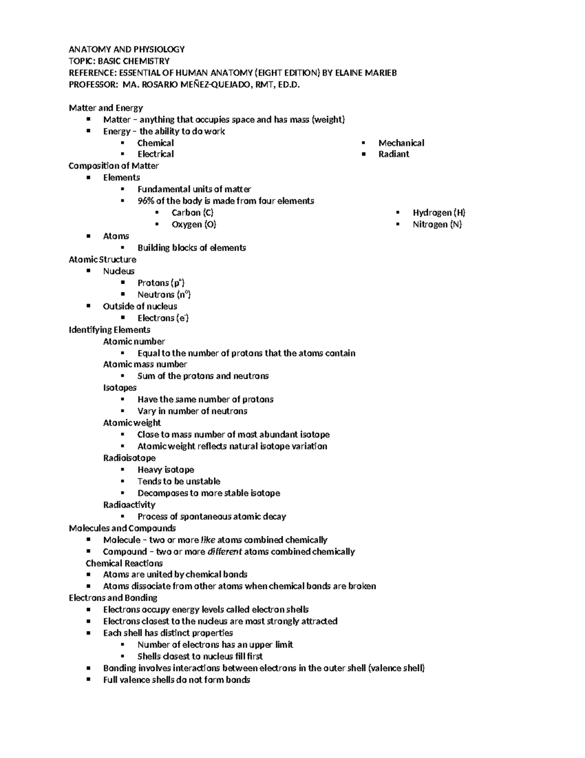 Module 2 Handouts Chemistry of life - ANATOMY AND PHYSIOLOGY TOPIC ...