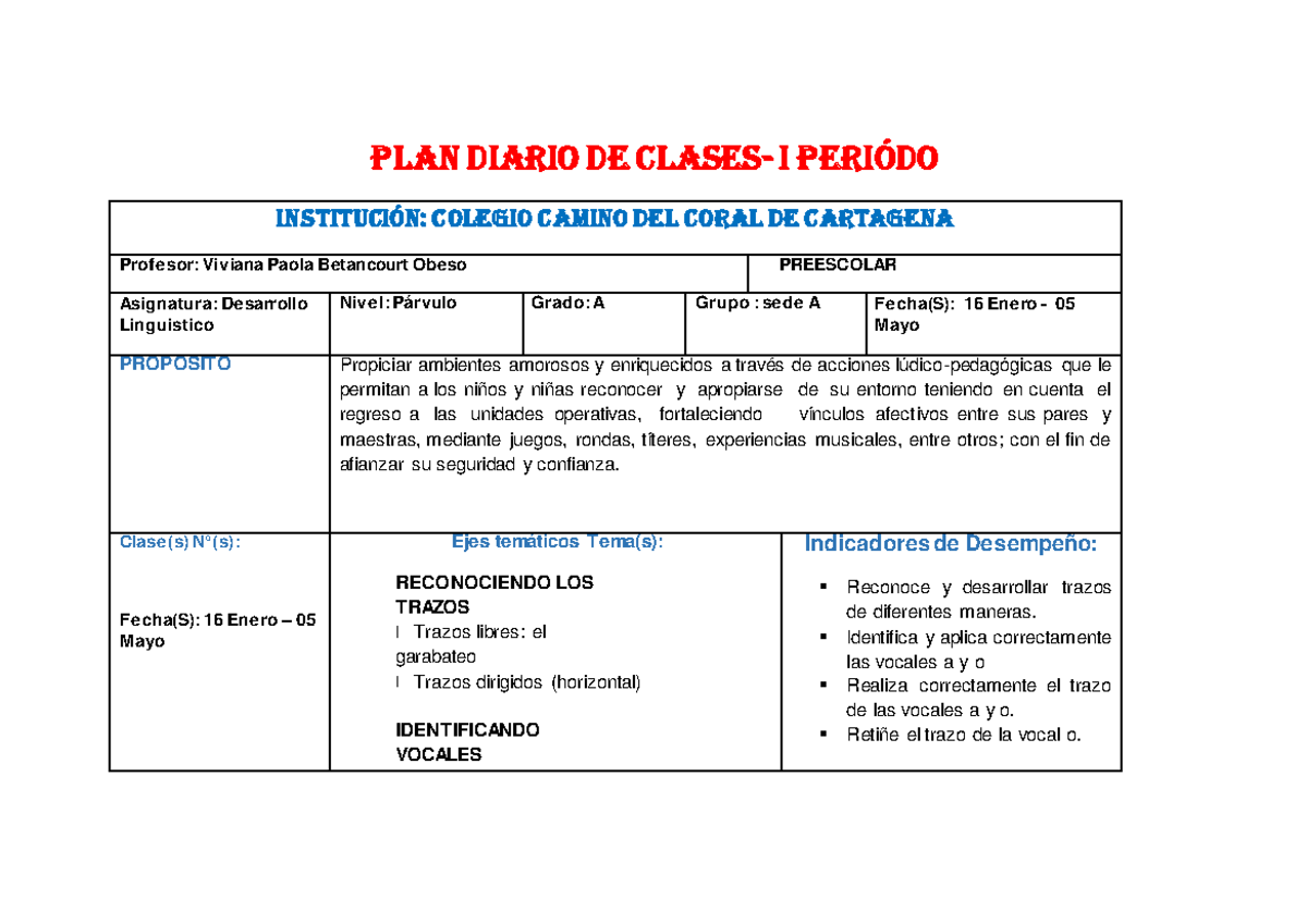 PLAN Diario DE Clases 1 Periódo 2023 - PLAN DIARIO DE CLASES- I PERIÓDO ...