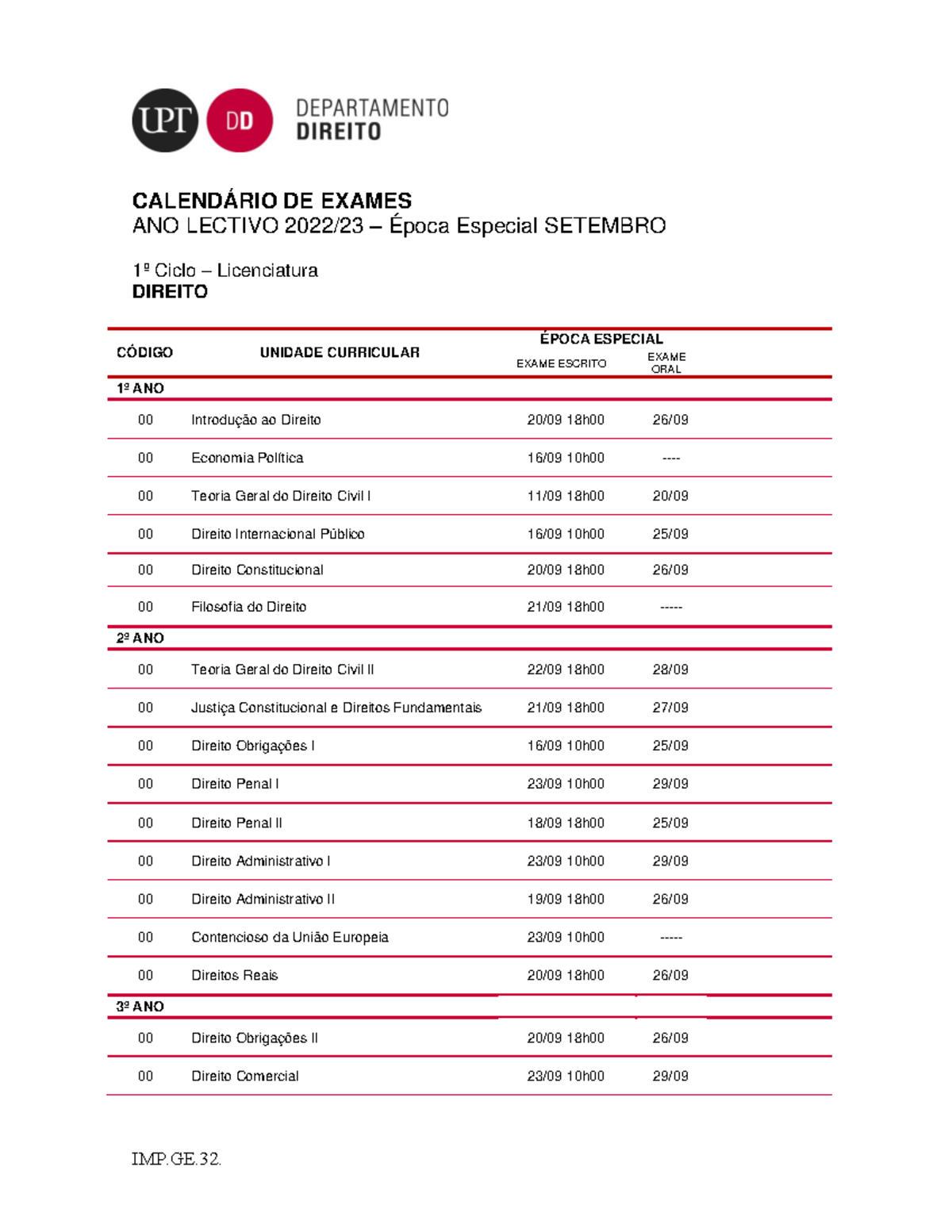 Mapa Exames Direito Setembro 2022-2023 - IMP.GE. CALENDÁRIO DE EXAMES ...