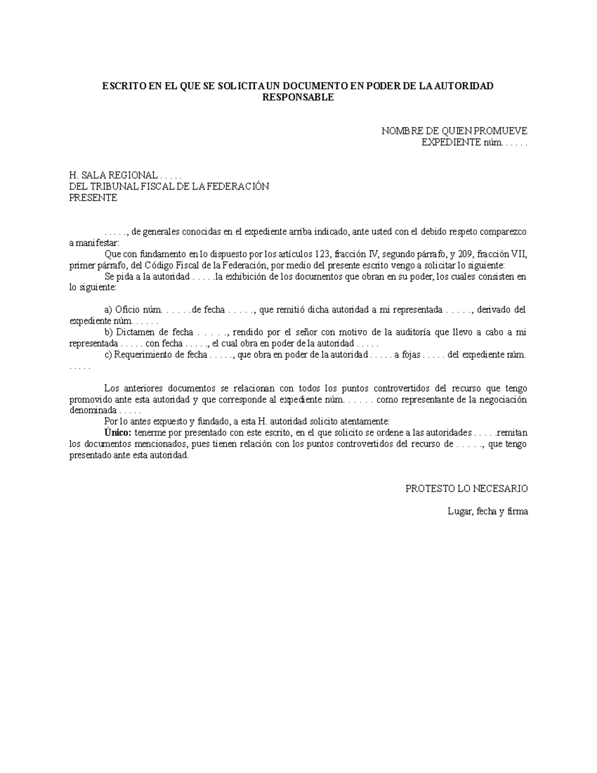 Escrito EN EL QUE SE Solicita UN Documento EN Poder DE LA Autoridad ...